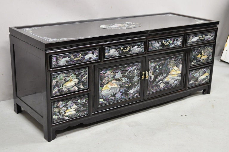 Vintage Korean Figural Mother of Pearl Inlay Black Lacquer Low Cabinet ...