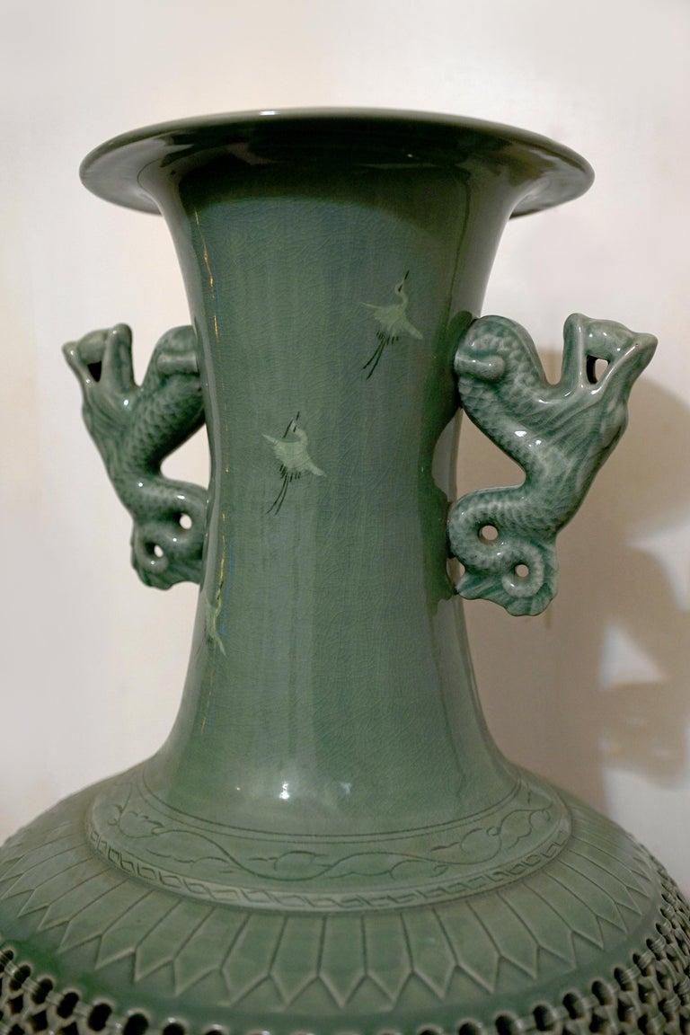 Vintage Korean Goryeo Maebyeong Style Reticulated Celadon Vase For Sale ...