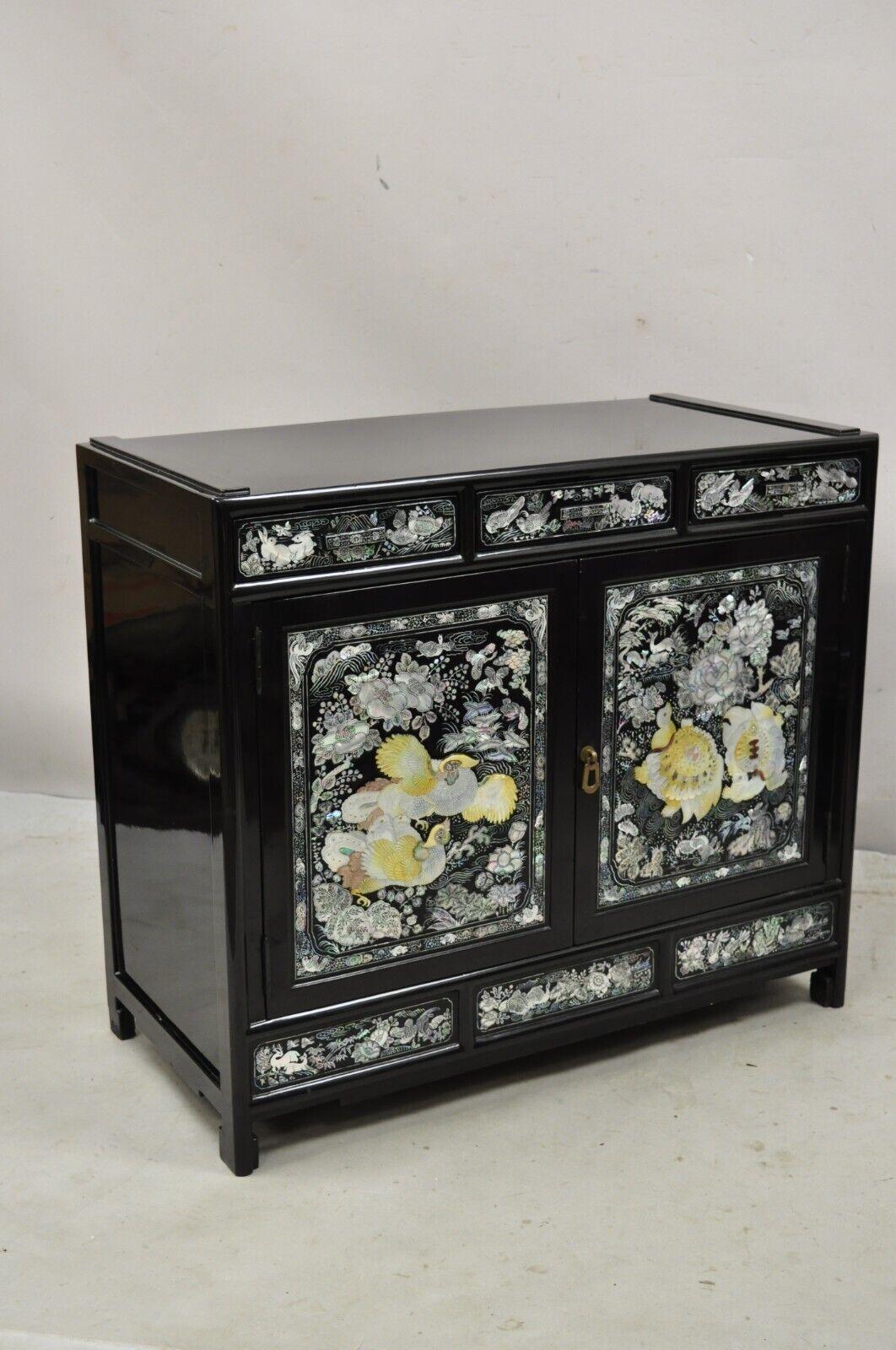 Vintage Korean Mother of Pearl Oriental Black Lacquer Oriental Cabinet ...