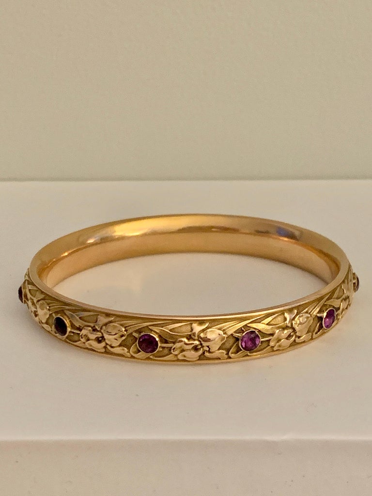Vintage Krementz Amethyst 14 Karat Yellow Gold Bangle at 1stDibs