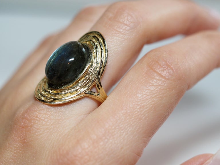 Vintage Labradorite Yellow Gold Hammered Large Ring at 1stDibs