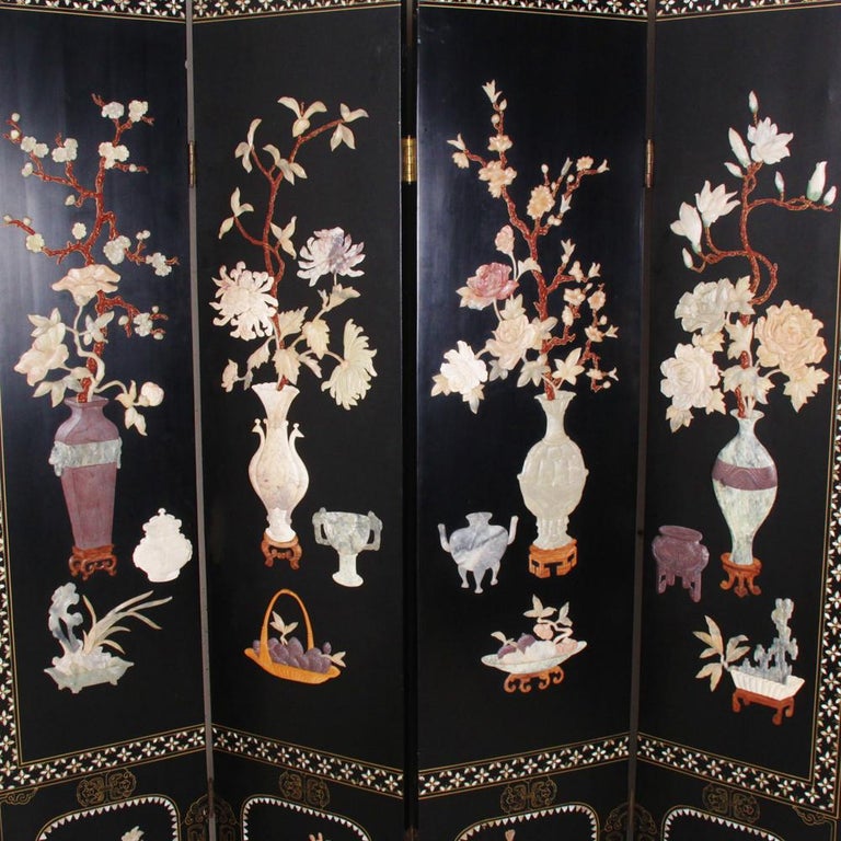 Vintage Lacquer and Carved Hardstone Screen at 1stDibs