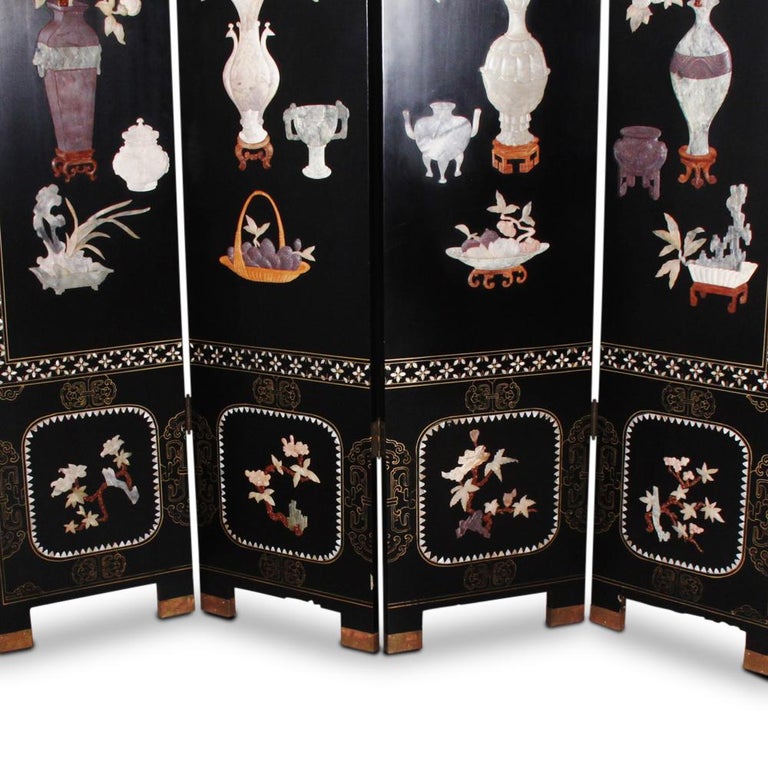 Vintage Lacquer and Carved Hardstone Screen at 1stDibs