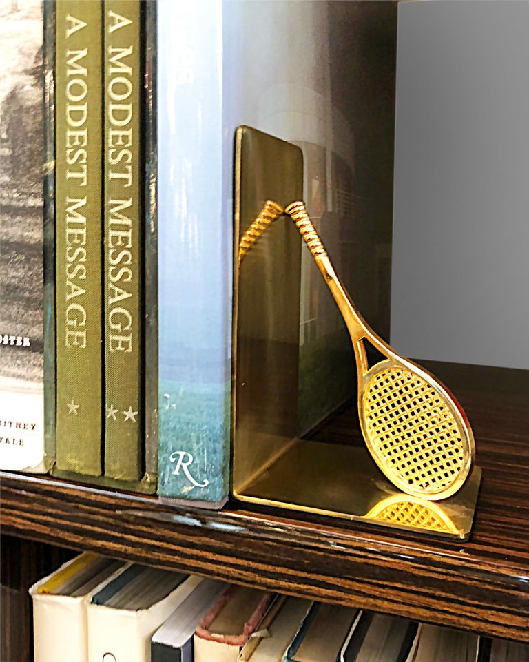 Vintage Lacquered Brass Tennis Racquet Bookends, a Pair For Sale at 1stDibs