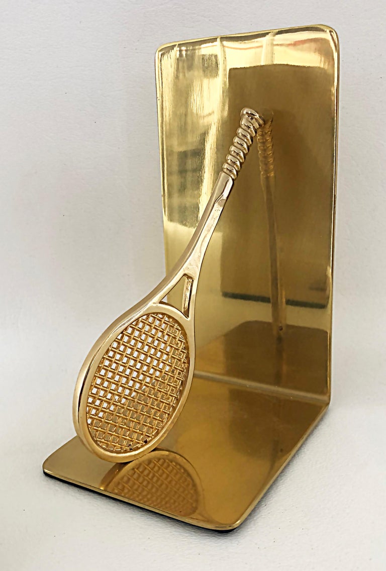 Vintage Lacquered Brass Tennis Racquet Bookends, a Pair For Sale at 1stDibs