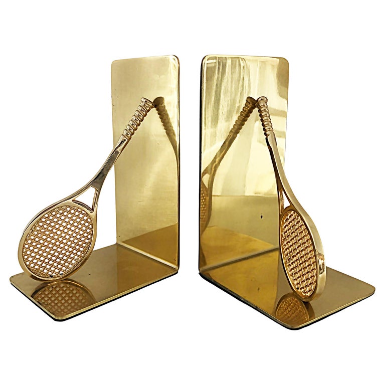 Vintage Lacquered Brass Tennis Racquet Bookends, a Pair For Sale at 1stDibs