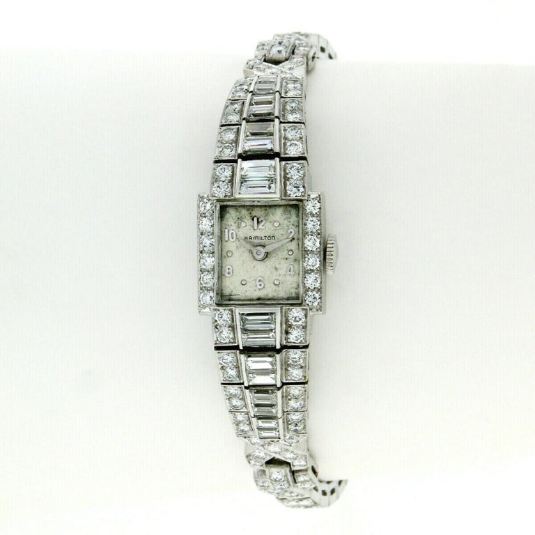 Vintage Ladies Hamilton Wristwatch 7.79ctw Fine Diamond Platinum Case ...