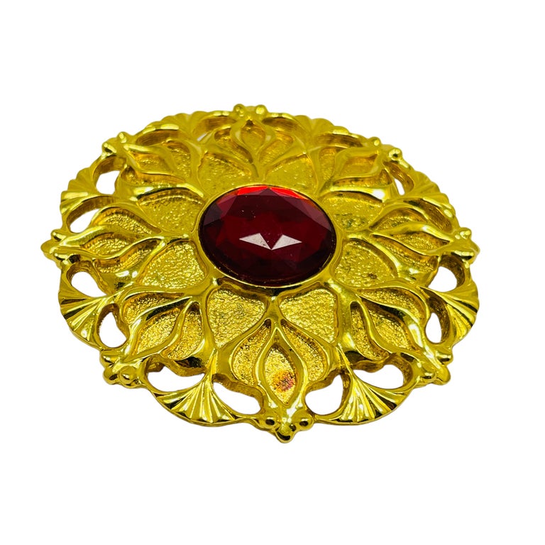 Vintage LADY REMINGTON gold red glass designer runway brooch For Sale ...