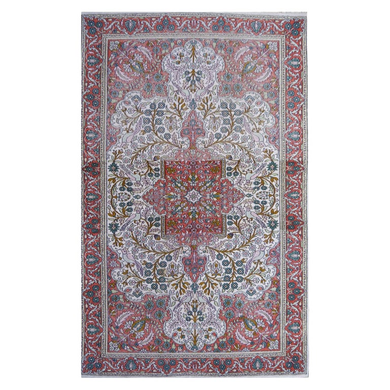 Vintage Lahore Kashmir Silk Rug Distressed Industrial Look Beige Copper ...