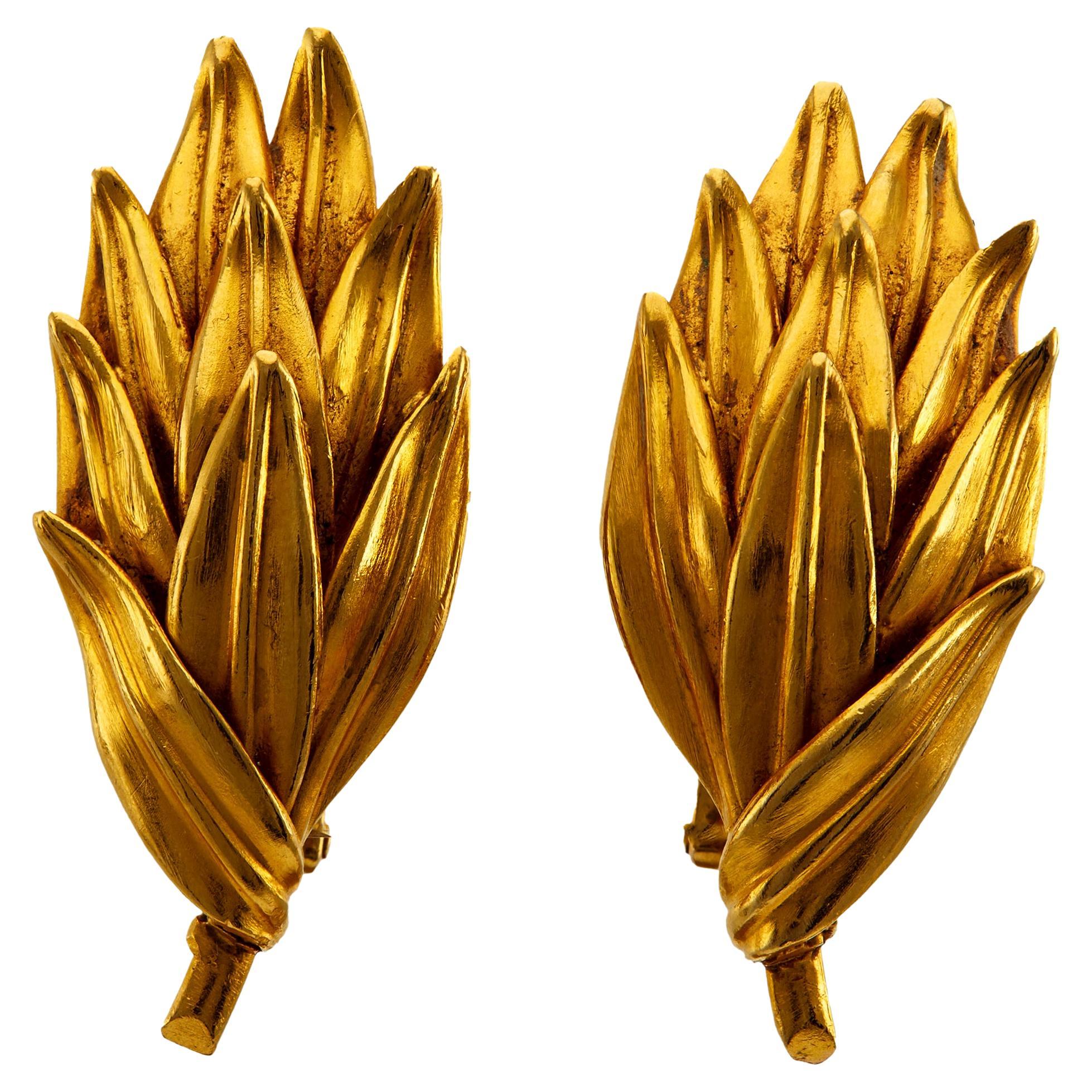 Vintage LaLaounis 18k Yellow Gold Leaf Ear Clip Earrings For Sale at ...