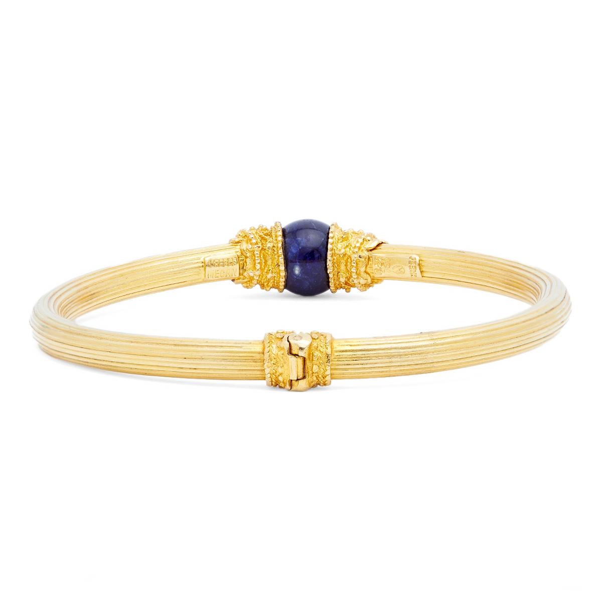 Vintage Lalaounis Lapis Bead 18k Yellow Gold Hinged Bangle Bracelet For Sale at 1stDibs