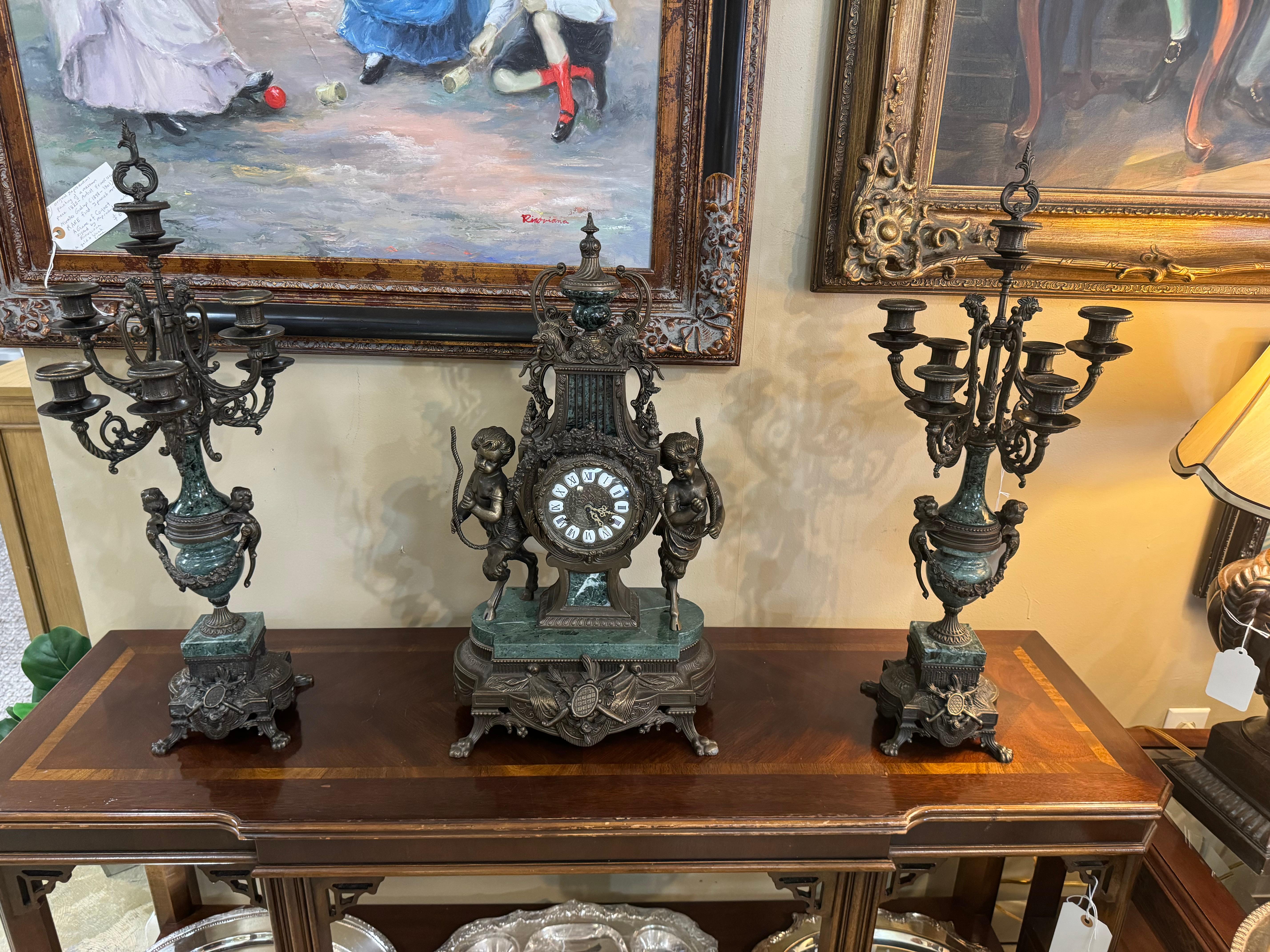 Vintage Lancini Italian Candelabras and Mantle Clock For Sale at 1stDibs