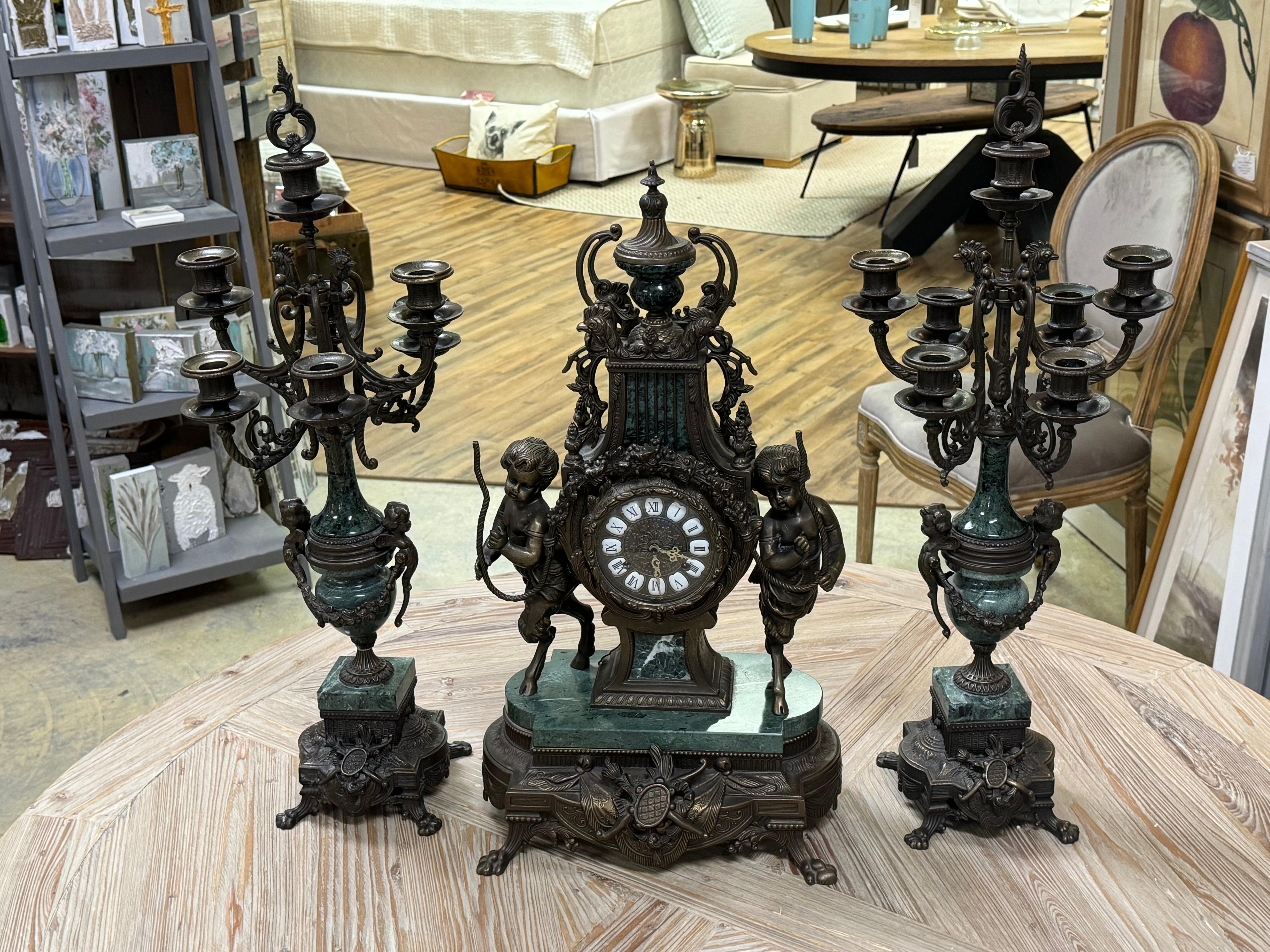 Vintage Lancini Italian Candelabras and Mantle Clock For Sale at 1stDibs