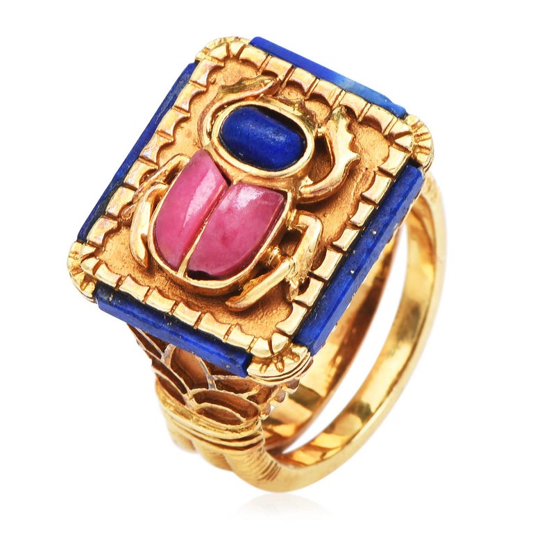 Vintage Lapis Lazuli 18K Yellow Gold Egyptian Rhodochrosite Scarab ...