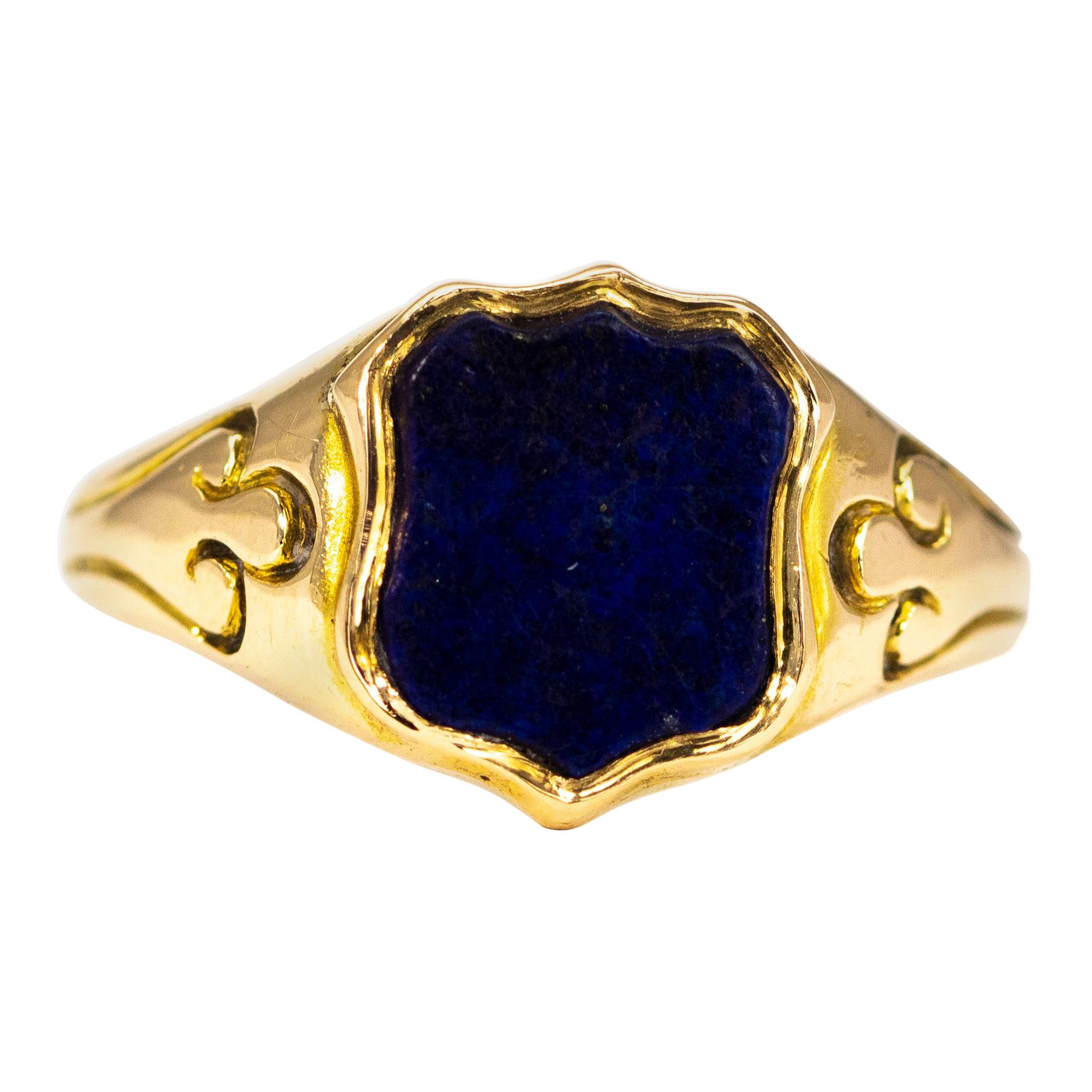 Vintage Lapis Lazuli and 15 Carat Gold Signet Ring For Sale at 1stDibs