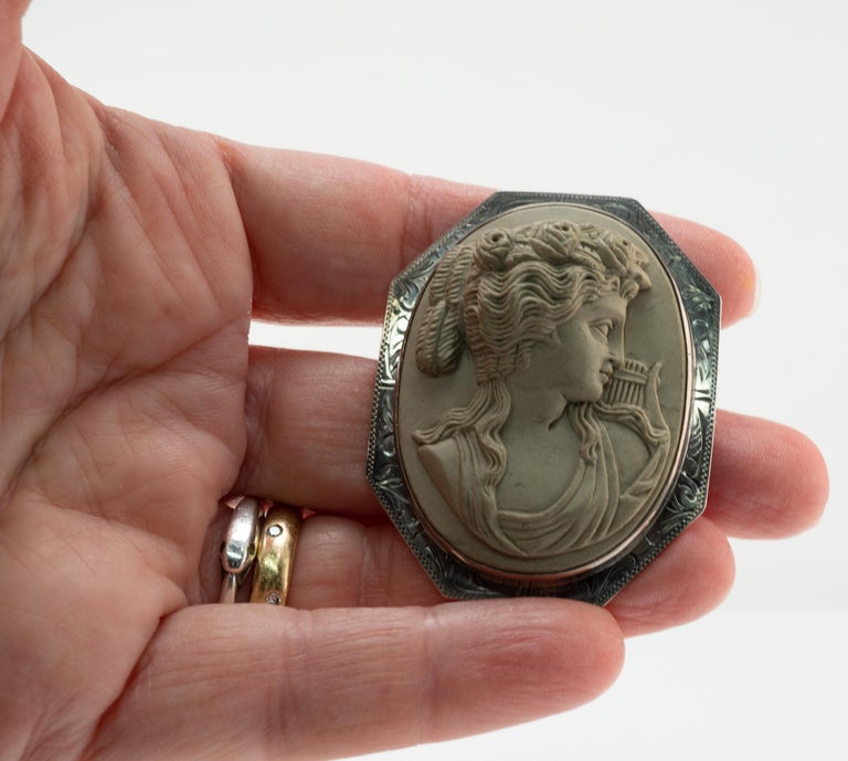 Vintage Large Cameo Lava Brooch Sterling Silver For Sale at 1stDibs
