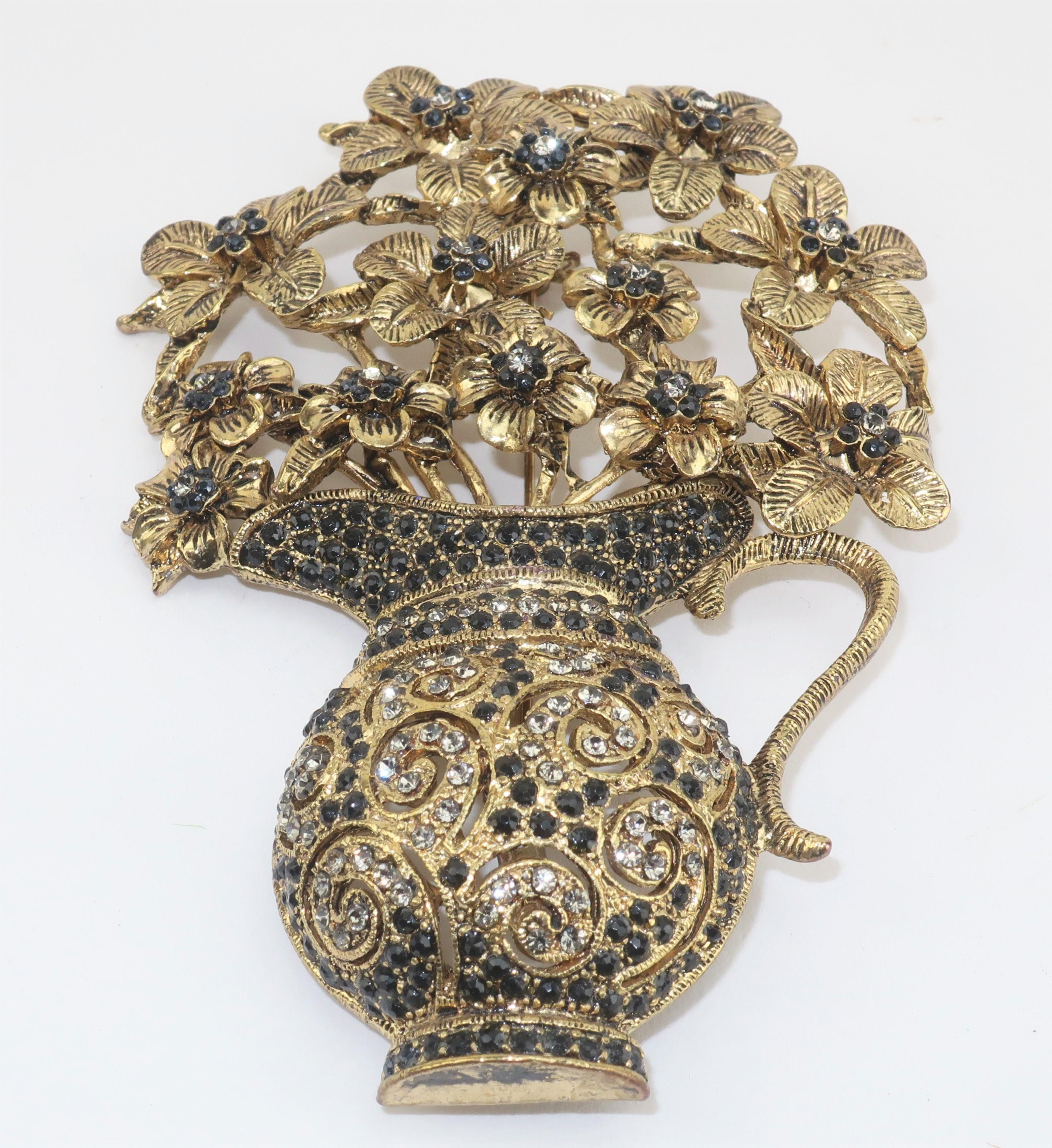 Vintage Large Flowers and Urn Rhinestone Brooch, C.1970 For Sale at 1stDibs