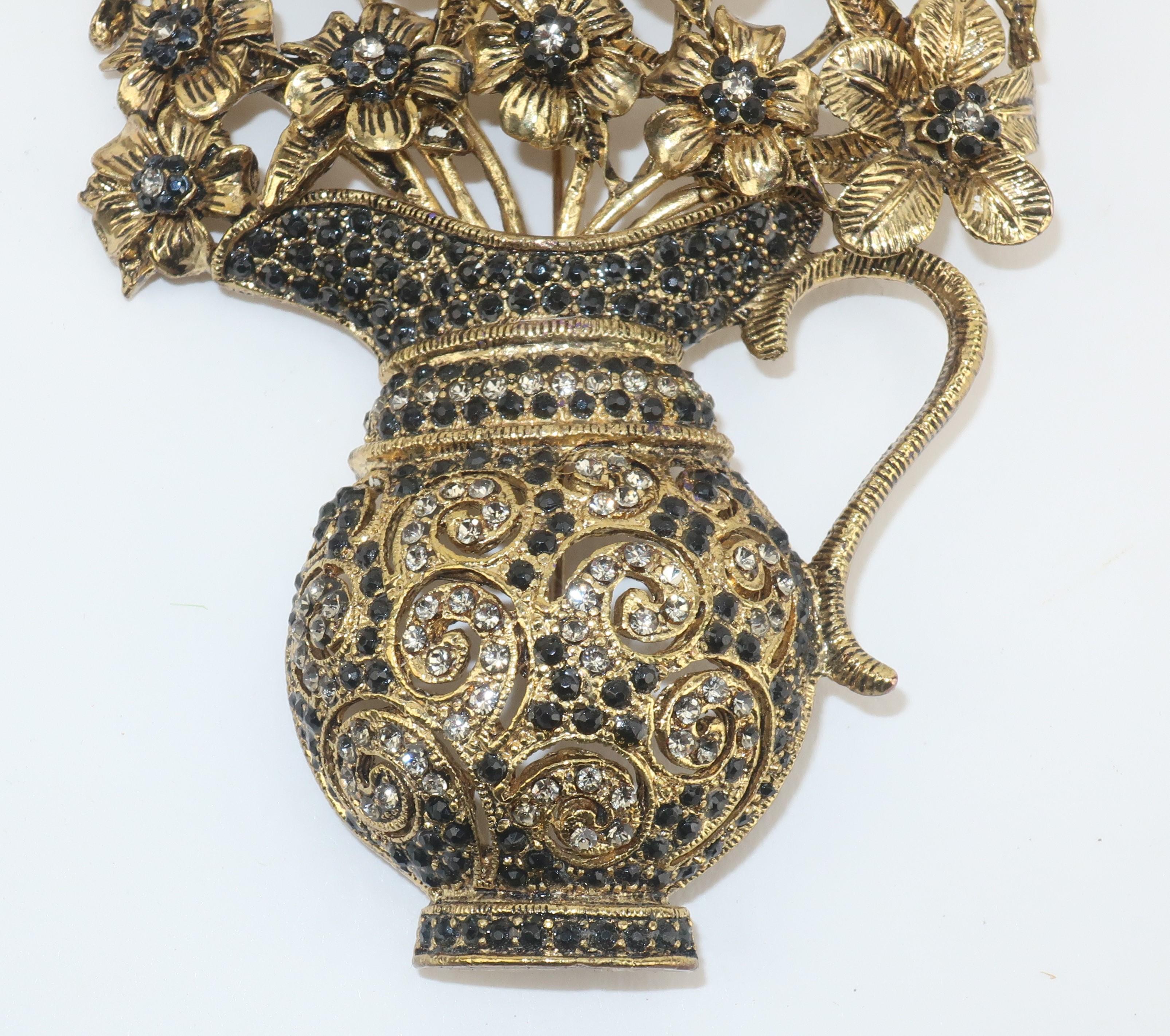 Vintage Large Flowers and Urn Rhinestone Brooch, C.1970 For Sale at 1stDibs