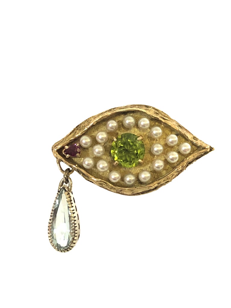 Vintage Large Gold and Gem Set "Eye" Pendant in the Manner of Salvador ...