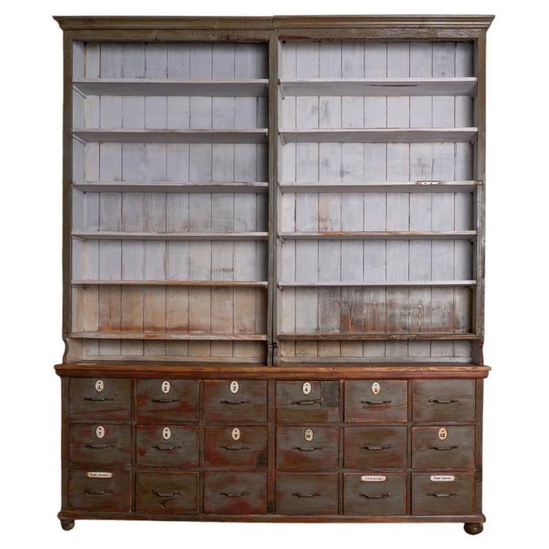 Vintage Large Grey Painted Pharmacy Apothecary Display Cabinet Bookcase with 18 at 1stDibs