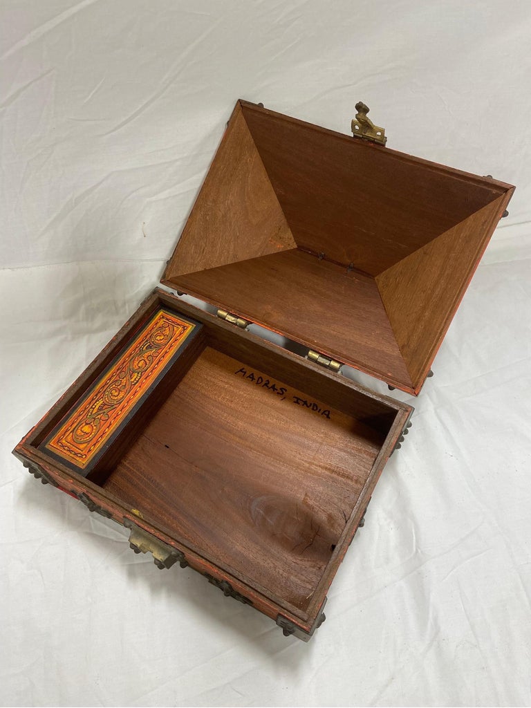 Vintage Large Indian Dowry Box with Ornate Brass Hinges and Paint ...
