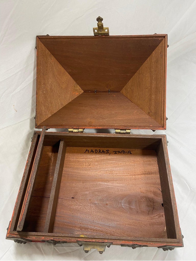 Vintage Large Indian Dowry Box with Ornate Brass Hinges and Paint ...