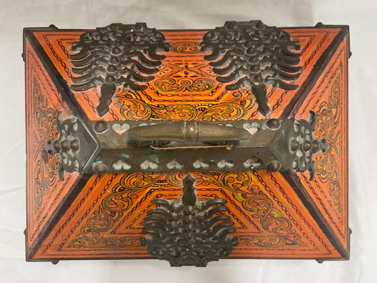 Vintage Large Indian Dowry Box with Ornate Brass Hinges and Paint ...