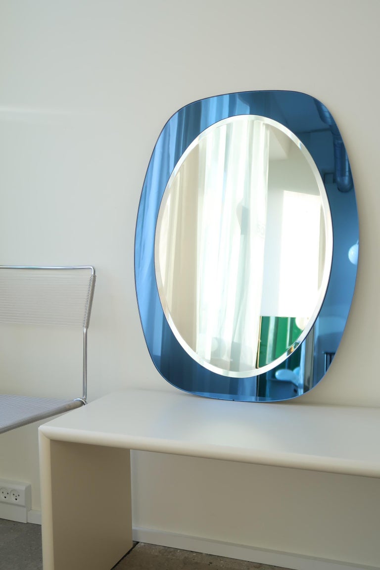 Vintage Large Italian 1970s Oval Wall Mirror Sapphire Blue Glass For ...