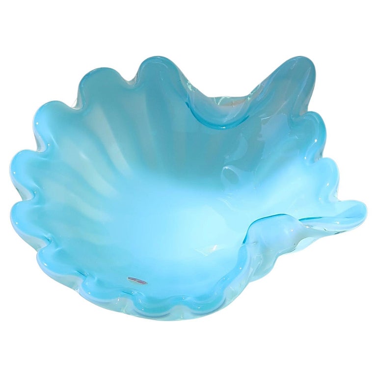 Vintage Large Italian Murano 1970s Shell Clam Bowl Aqua Turquoise Blue ...