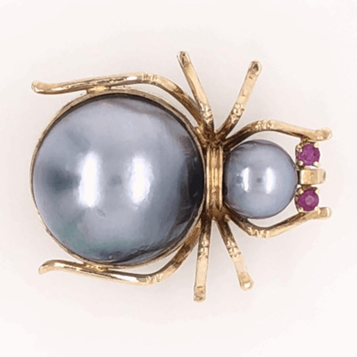 Vintage Large Pearl and Ruby Gold Spider Brooch Pin Pendant Fine Estate ...