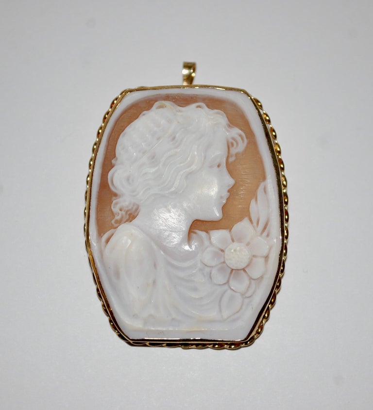 Vintage Large Pink and White Cameo Pendant with Lady with Flower For ...