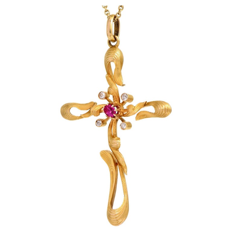 Vintage Large Retro Old Diamond Ruby 18K Gold Cross Pendant For Sale at ...