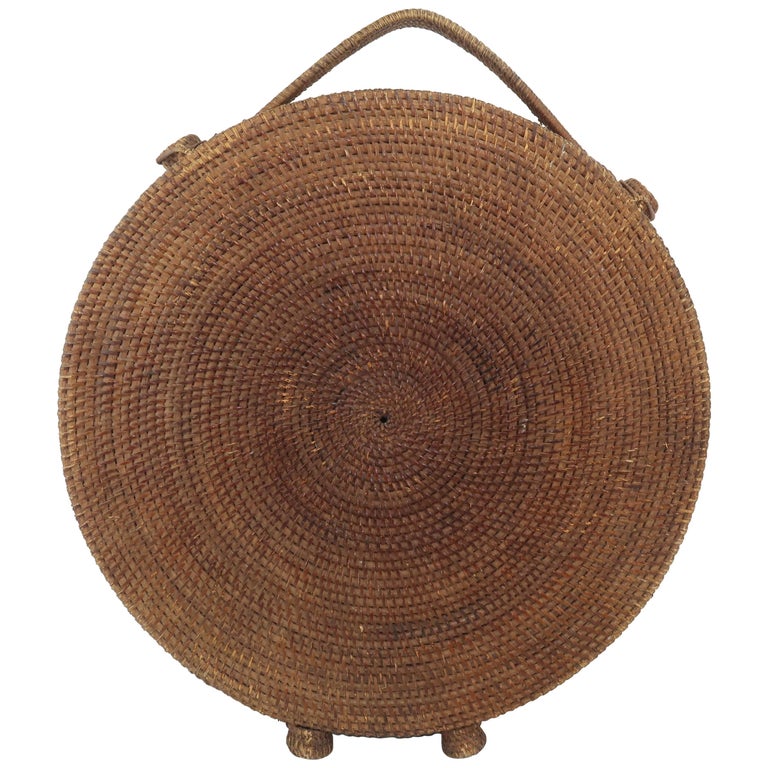 Vintage Large Round Woven Rattan Wicker Handbag For Sale at 1stDibs
