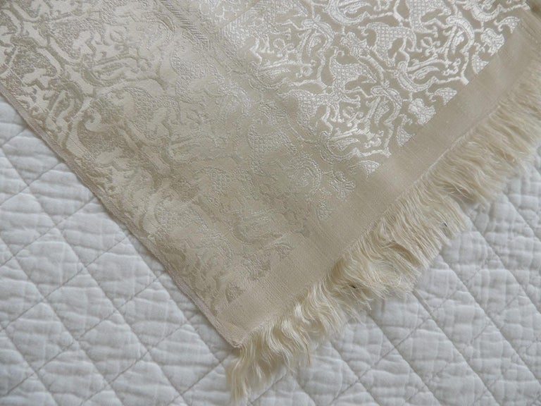 Vintage large Silk Damask Table Topper with Fringes For Sale at 1stDibs