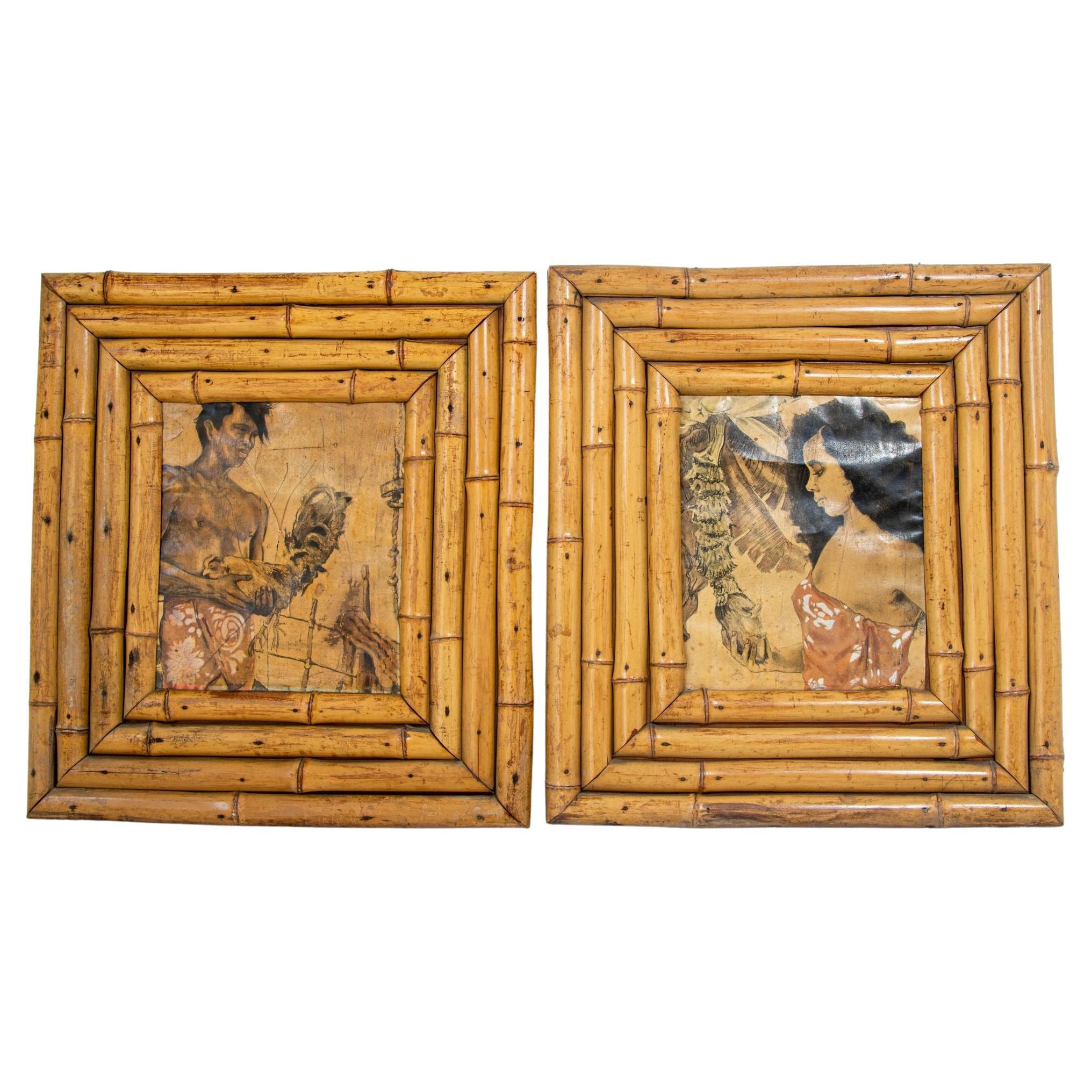 Vintage Large Wall Art Print Reed Bamboo Frame 1960's For Sale at 1stDibs