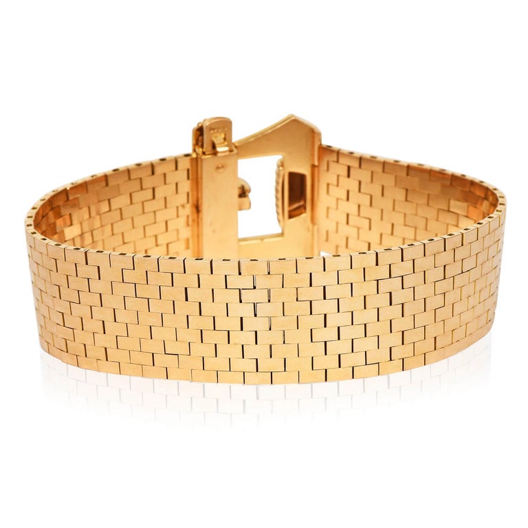 Vintage Late 1950s European Diamond 18K Gold Flat Brick Link Buckle ...