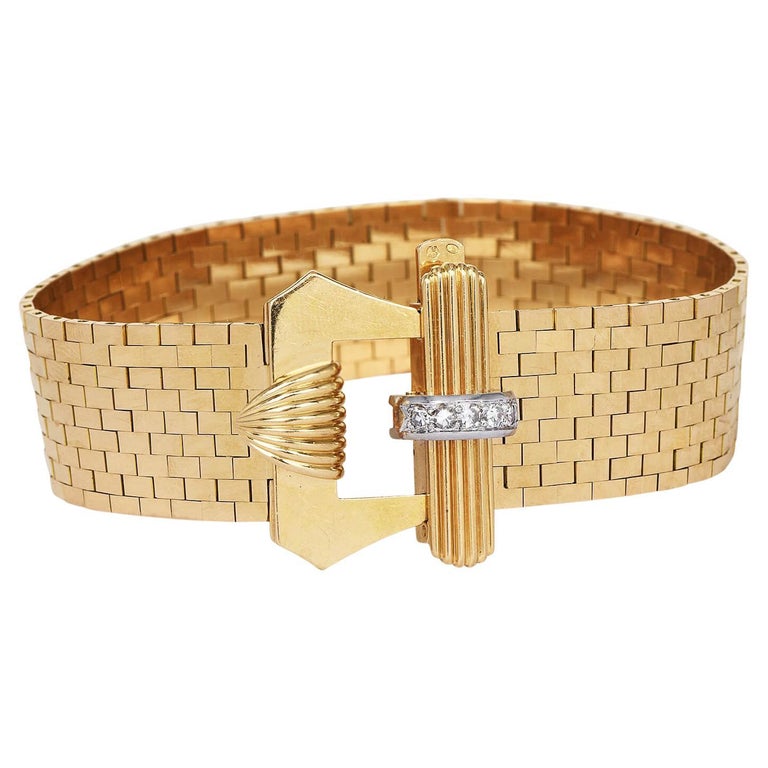Vintage Late 1950s European Diamond 18K Gold Flat Brick Link Buckle ...