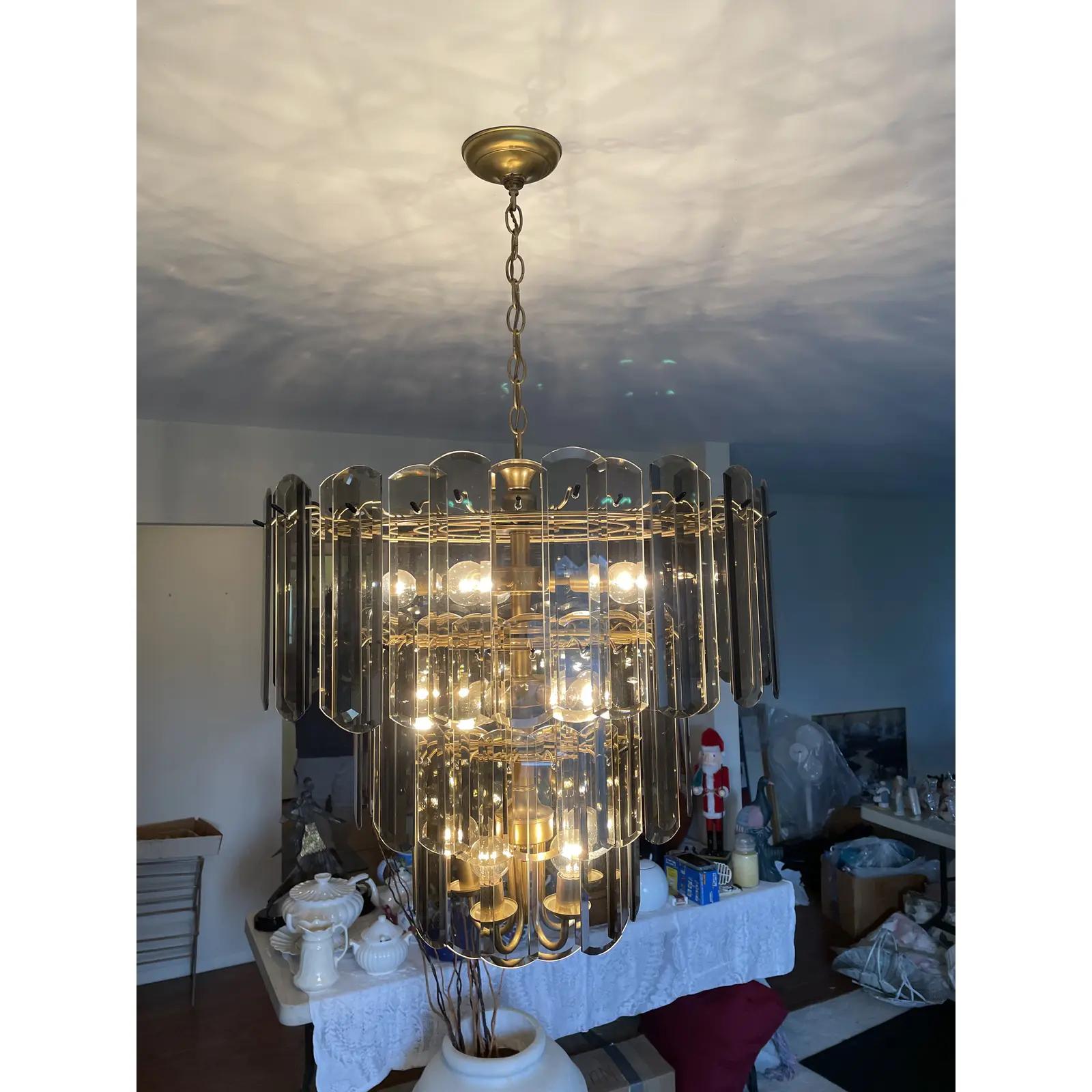 Vintage Late 20th Century Smoked Beveled Glass 3 Tier Chandelier For ...