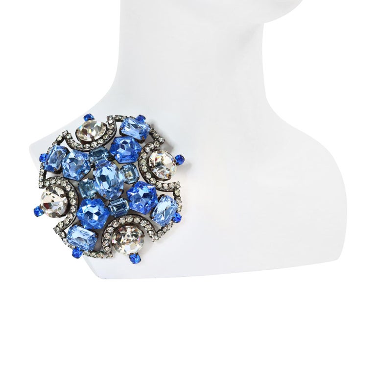 Vintage Lawrence Vrba Blue and Clear Crystal Large Brooch Circa 1980s ...