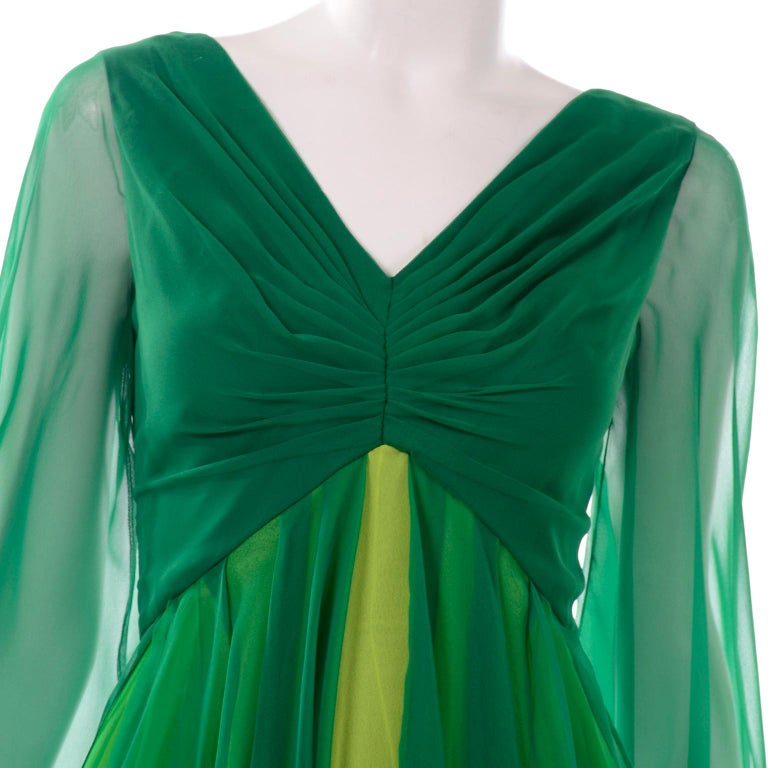 Vintage Layered Flowing Evening Dress in Multi Shades of Green Silk ...
