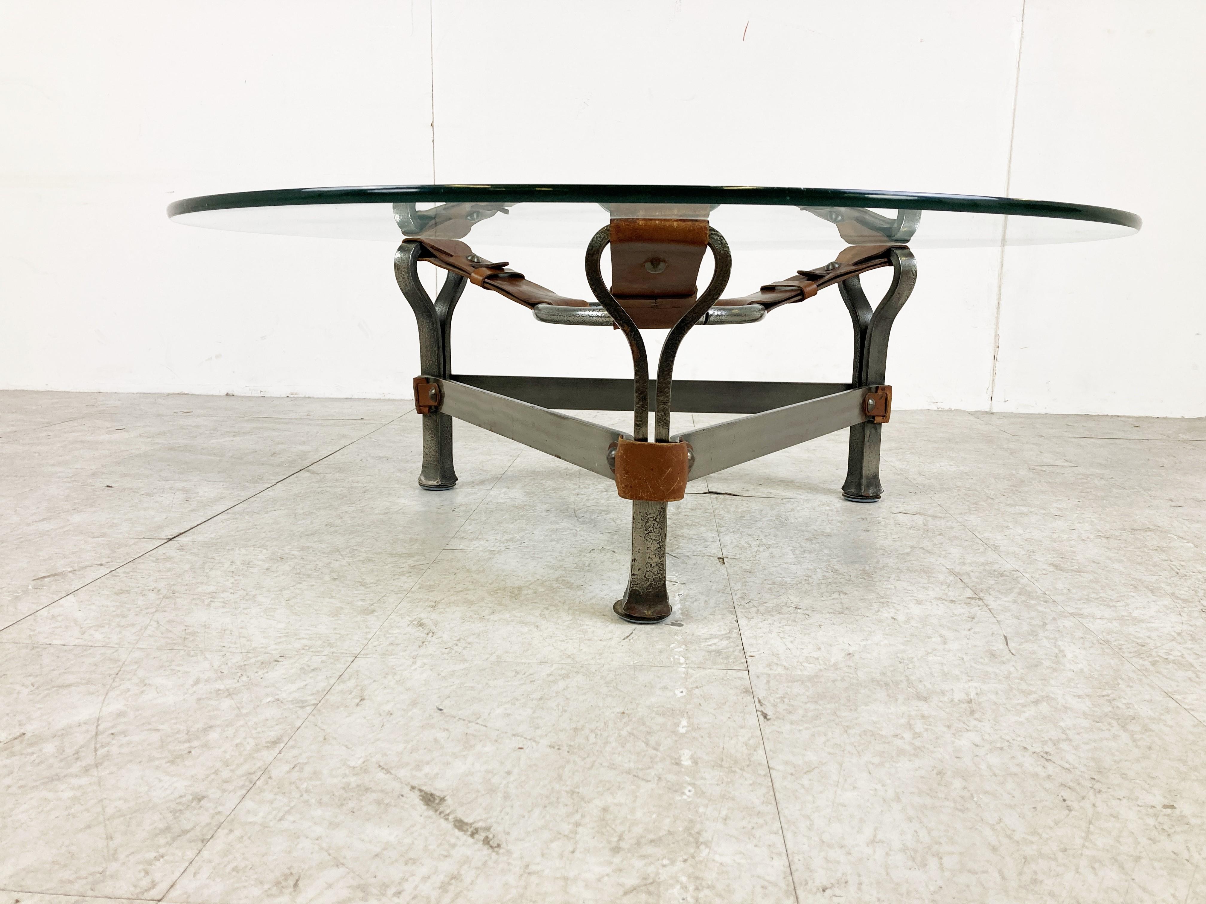 Vintage leather and steel coffee table by Jacques Adnet, 1950s at 1stDibs