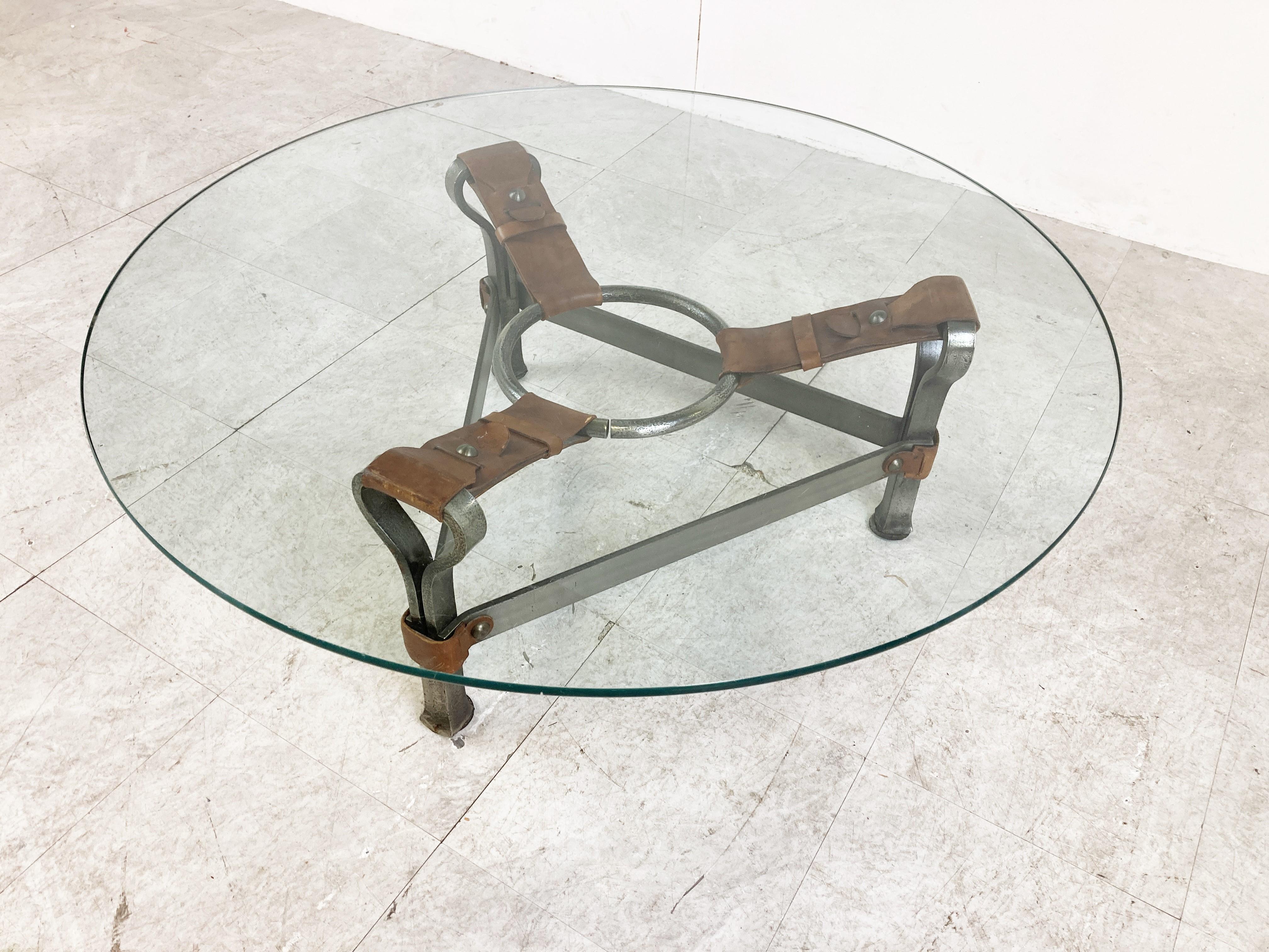 Vintage leather and steel coffee table by Jacques Adnet, 1950s at 1stDibs
