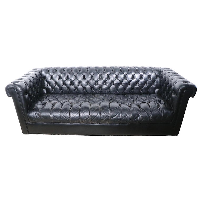 Vintage Leather Box Sofa in Distressed Tufted Black Leather c. 1930 ...