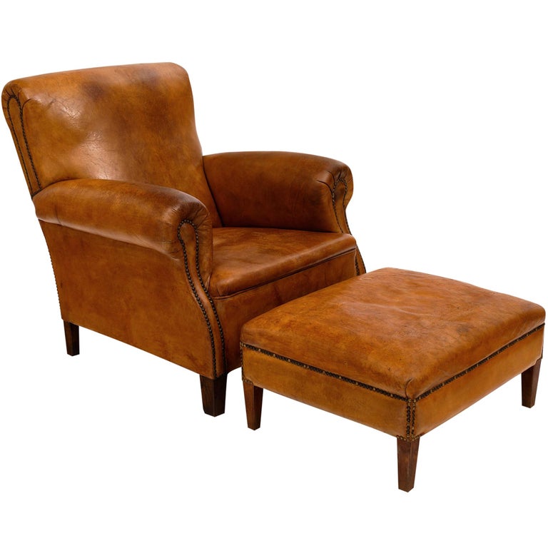 Vintage Leather Club Chair with Ottoman at 1stDibs