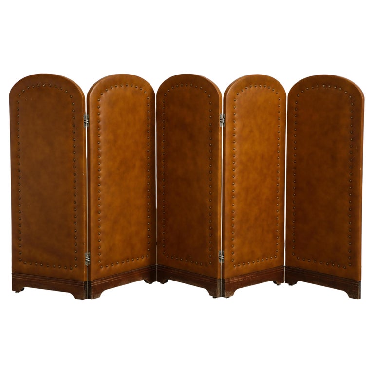 Vintage Leather Folding Screen with 5 Panels, C. 1960 For Sale at 1stDibs