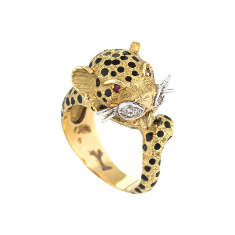 Vintage Leopard Cat Ring 18 Karat Yellow Gold Diamond Ruby Enamel ...