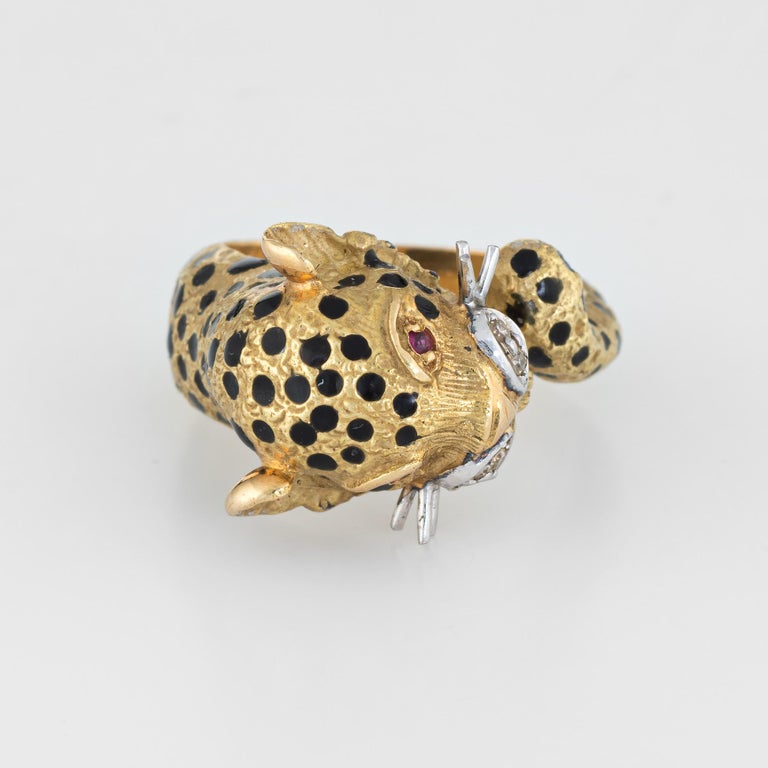 Vintage Leopard Cat Ring 18 Karat Yellow Gold Diamond Ruby Enamel ...