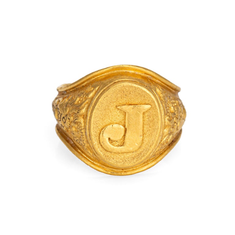 Vintage Letter J Ring 24k Yellow Gold Signet Band Initial Men's Jewelry ...