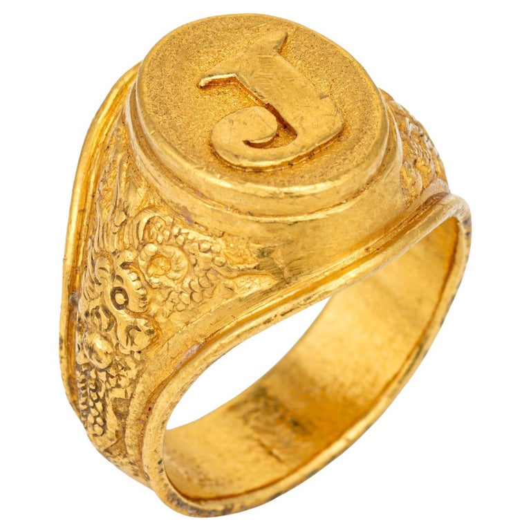 Vintage Letter J Ring 24k Yellow Gold Signet Band Initial Men's Jewelry ...