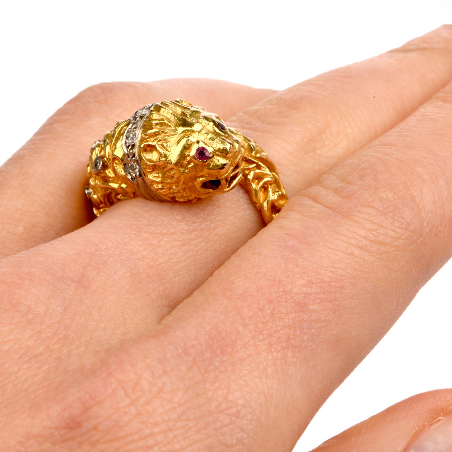 Vintage Lion Ruby Diamond Gold Cocktail Ring at 1stDibs | lion ruby ring